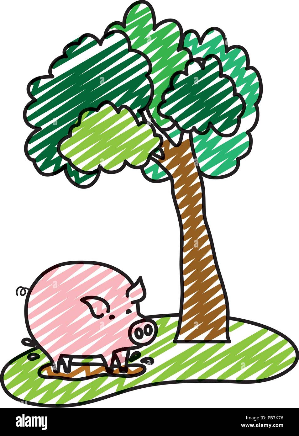 doodle tree next to pig farm animal in swamp Stock Vector Image & Art ...