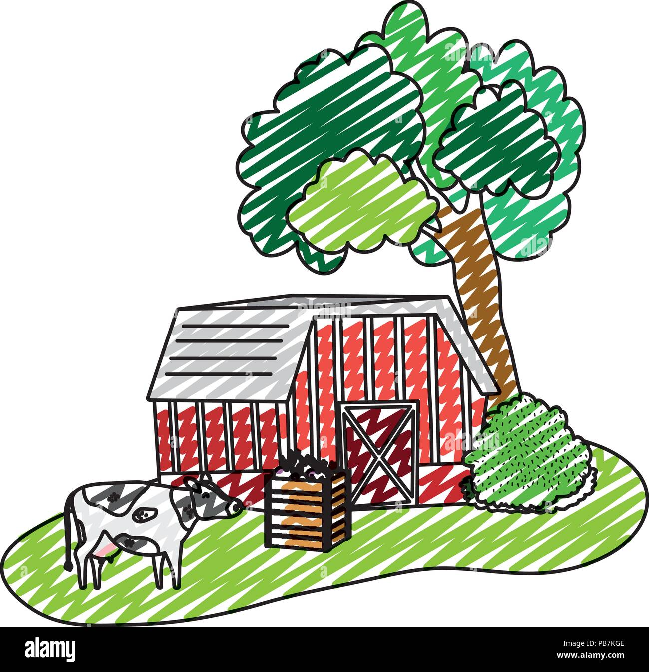 doodle house farm with cow animals and eggplants Stock Vector Image ...