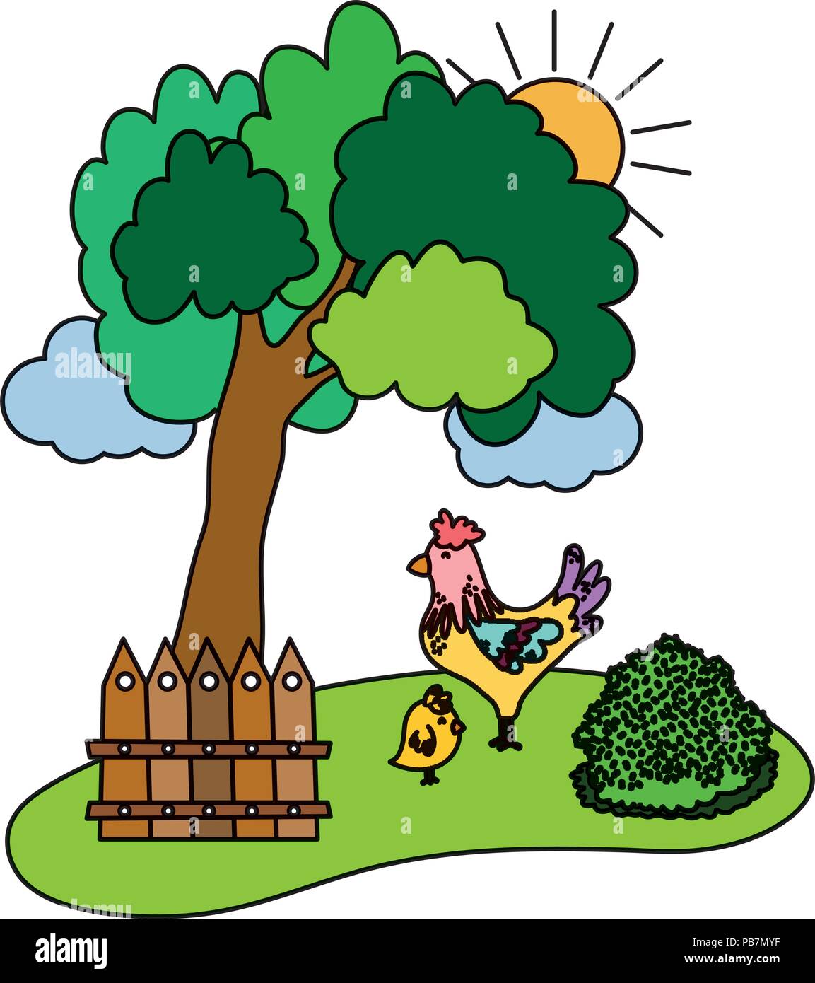color rooster with chick animals in the farm and tree Stock Vector ...
