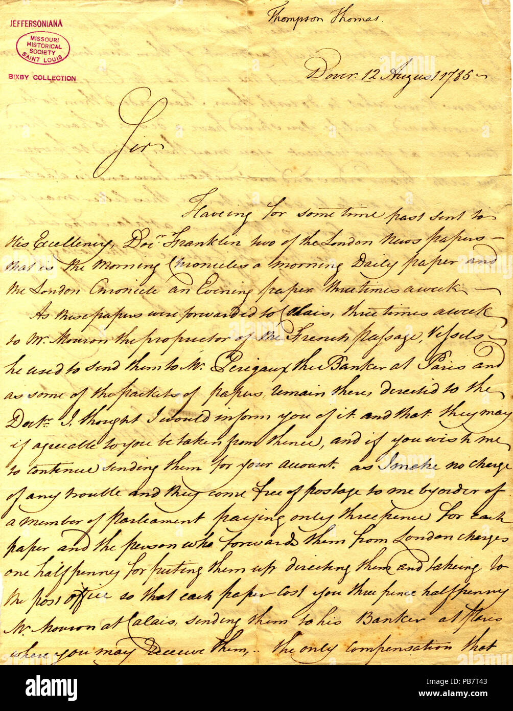 913 Letter signed Thomas Thompson, Dover, to Col. Jefferson, August 12 ...