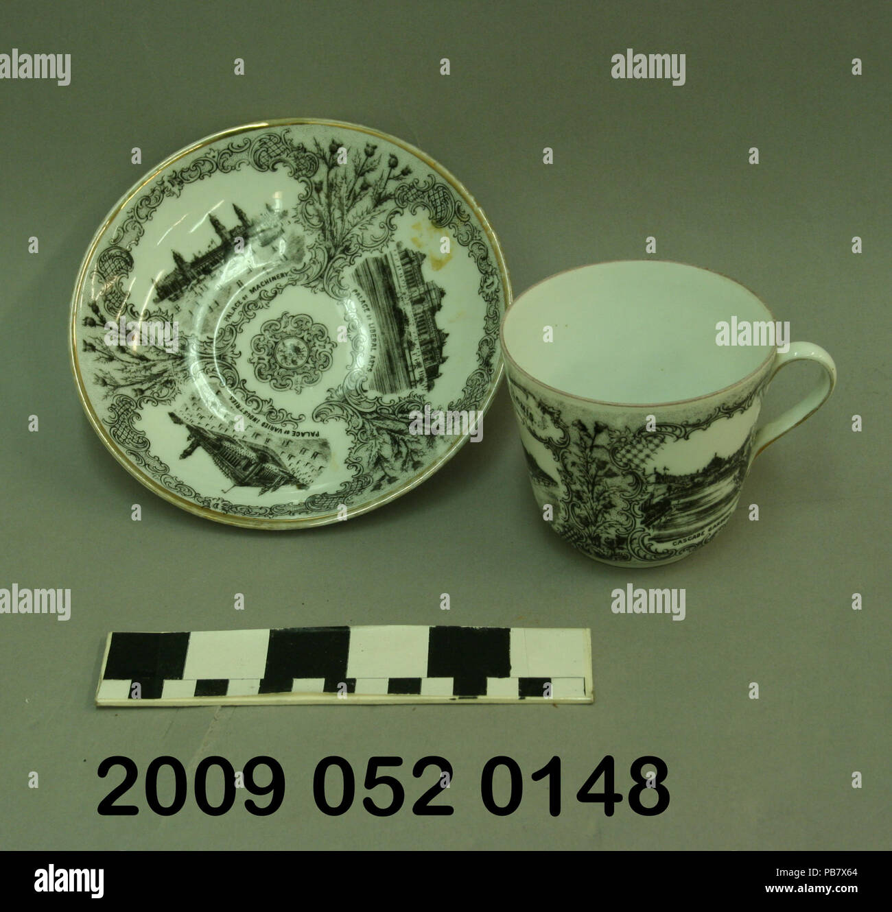 1850 White Ceramic Cup and Saucer With Black Transfer Images of Various ...