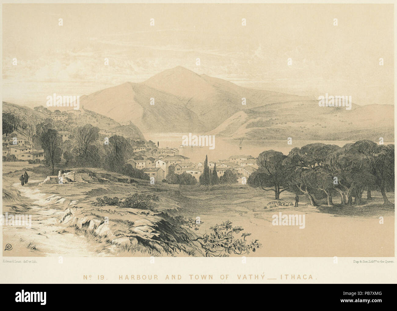743 Harbour and Town of Vathý - Ithaca - Lear Edward - 1863 Stock Photo ...