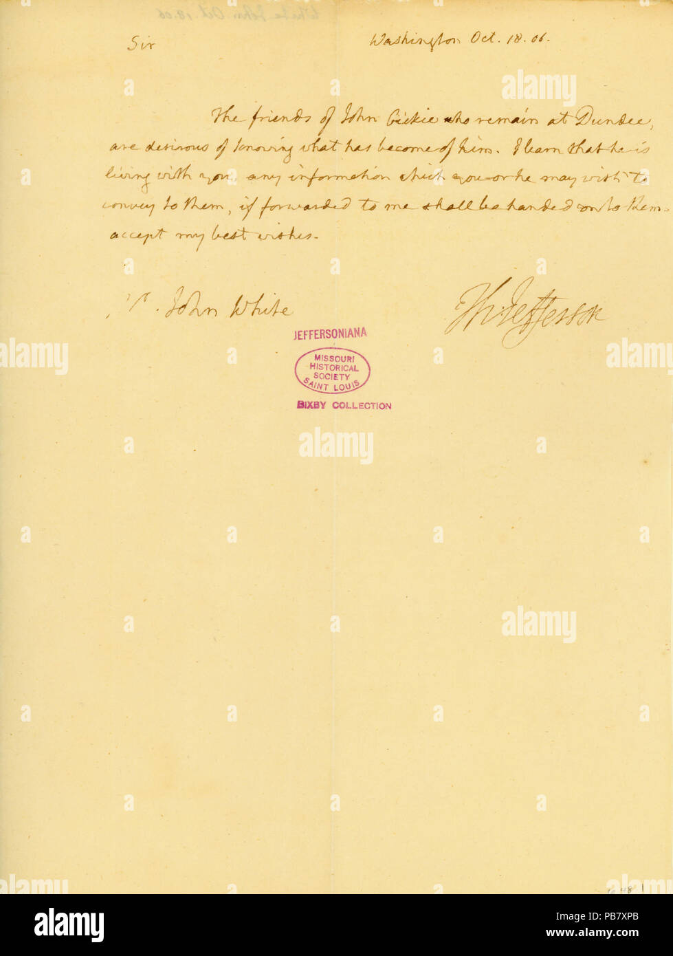 913 Letter signed Thomas Jefferson, Washington, to John White, October ...