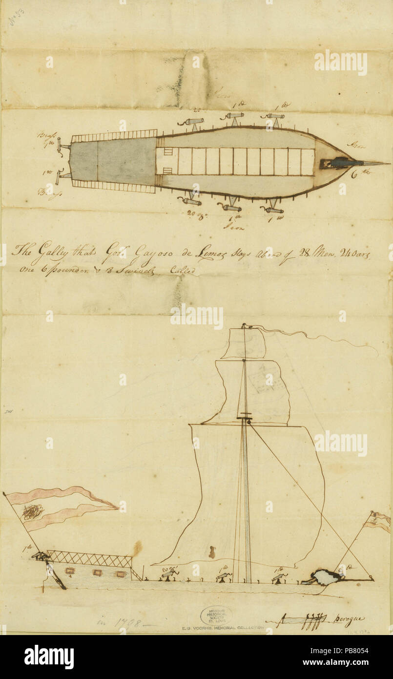 1180 Pen and ink sketch of the galley of Governor Gayoso de Lemos by ...