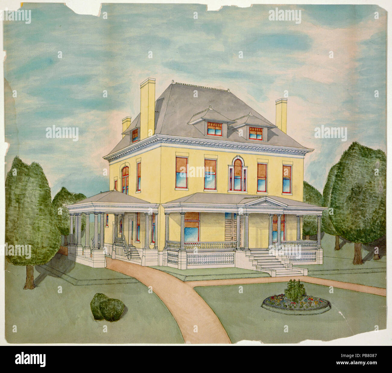 1836 Watercolor elevation rendering of the Z. B. Job, Jr. residence in ...