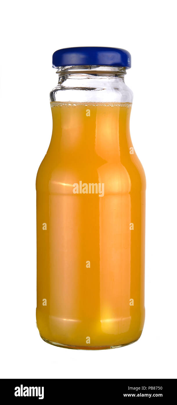 Orange juice in a little glass bottle. Isolated on white background ...