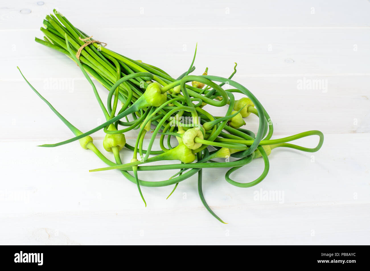 Garlic shoots on white background. Studio Photo Stock Photo - Alamy