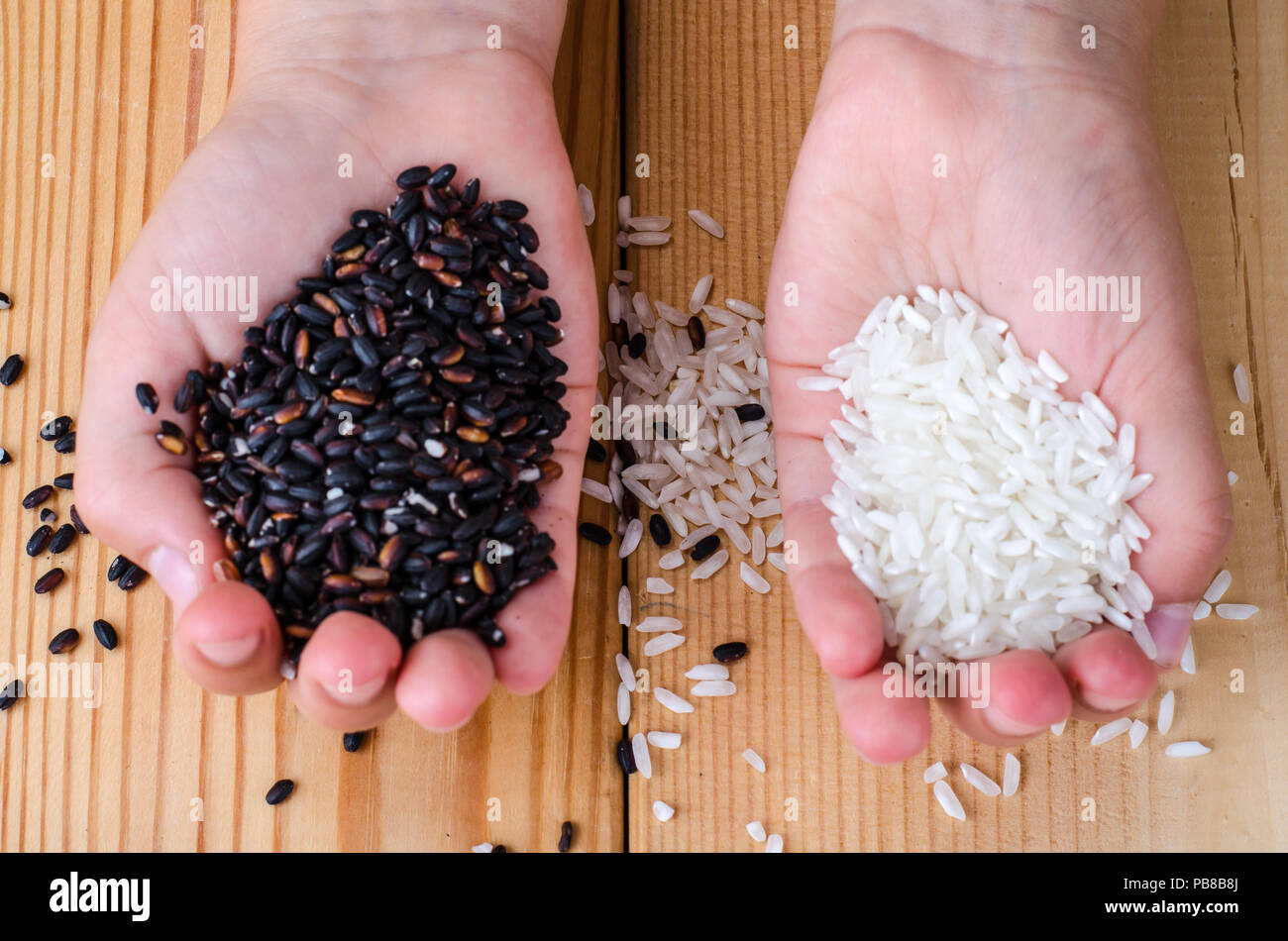 Black and white rice in hands. Studio Photo Stock Photo - Alamy