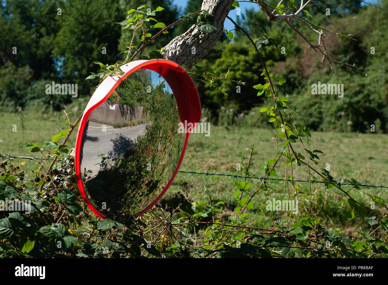 Traffic warning mirror on country lane Stock Photo - Alamy