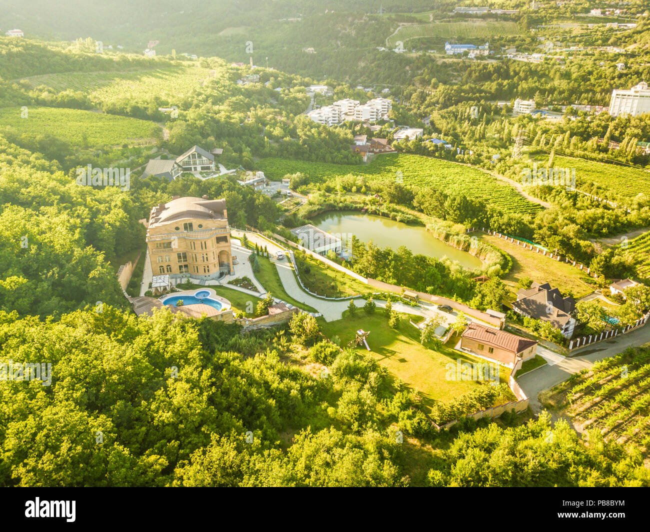 aerial top view of luxury summer cottage appartments buildings with ...