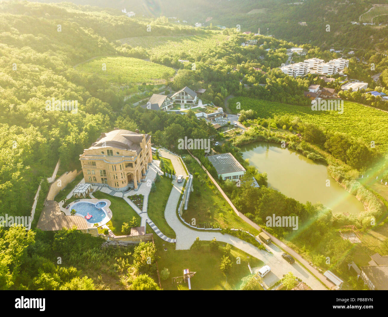 aerial top view of luxury summer cottage appartments buildings with ...
