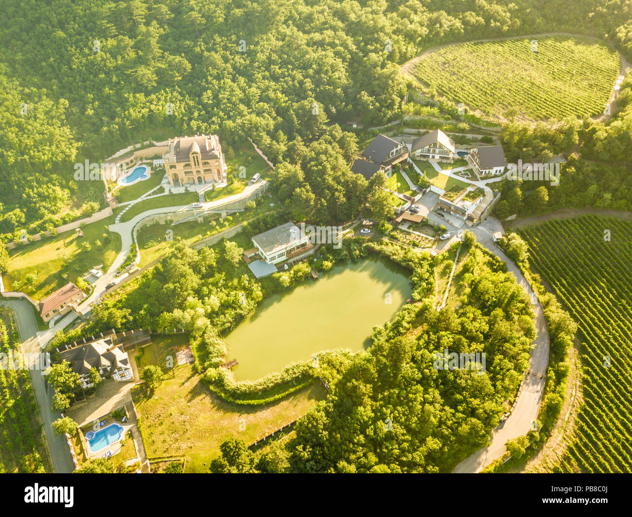 aerial top view of luxury summer cottage appartments buildings with ...