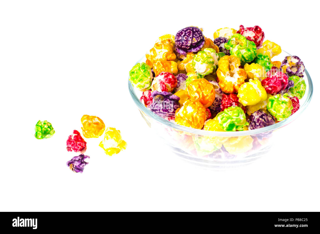 Colored popcorn on white background. Studio Photo Stock Photo - Alamy