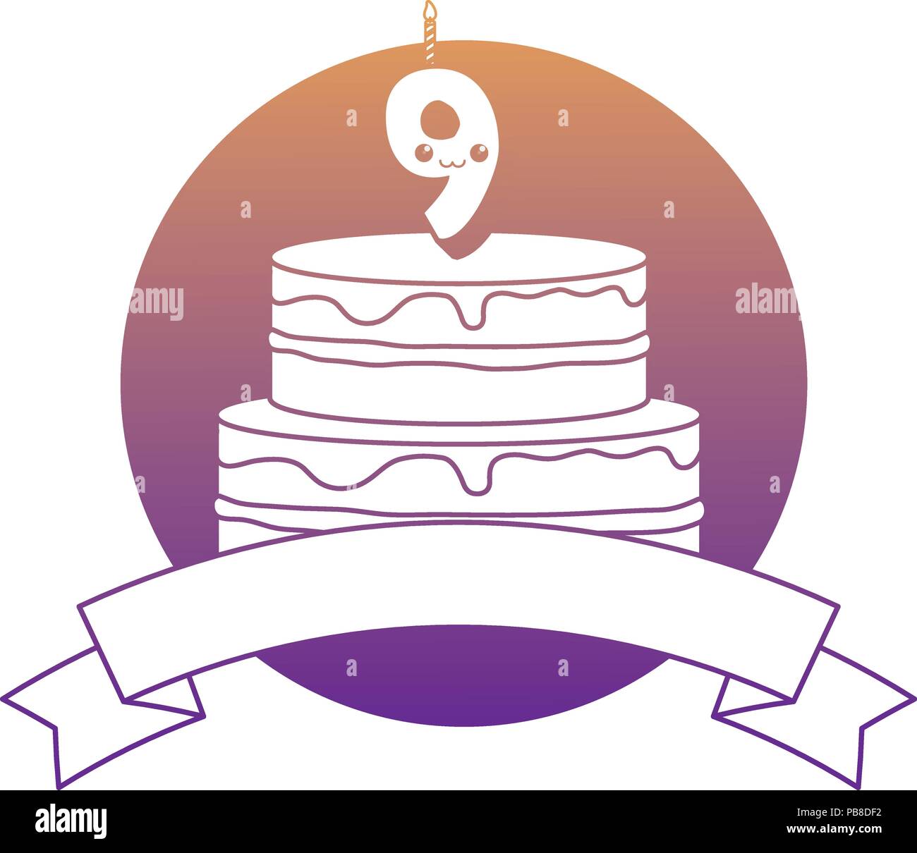 emblem with birthday cake and decorative ribbon icon over white ...