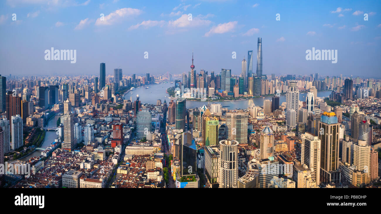 China, Shanghai City, Huangpu river, Pudong District and downtown ...