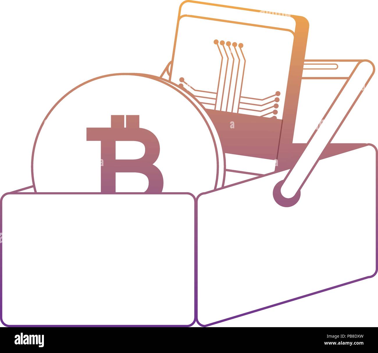 basket with bitcoin coin and smartphone over white background, vector ...