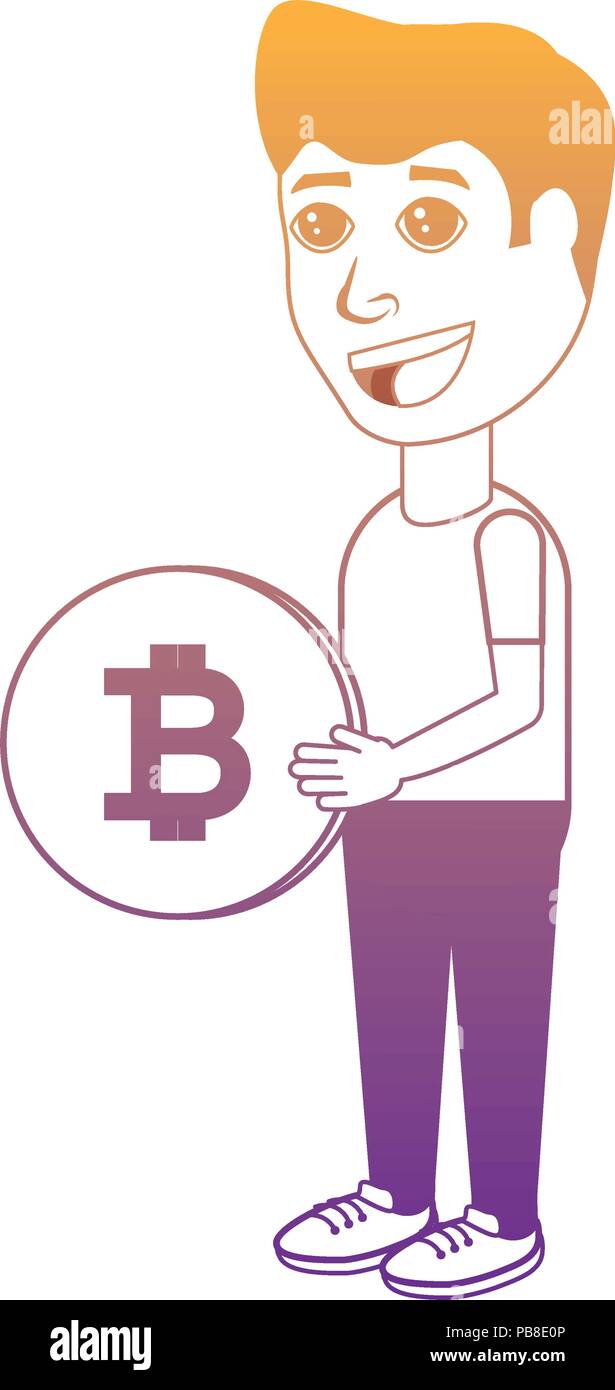 cartoon man holding a bitcoin coin over white background, vector ...