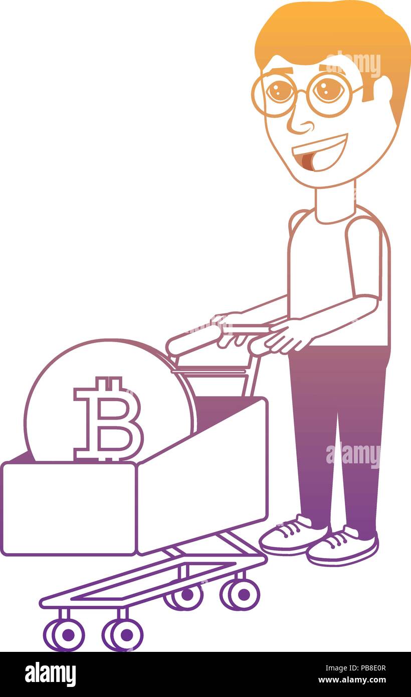 cartoon man with shopping cart with bitcoin coin over white background ...