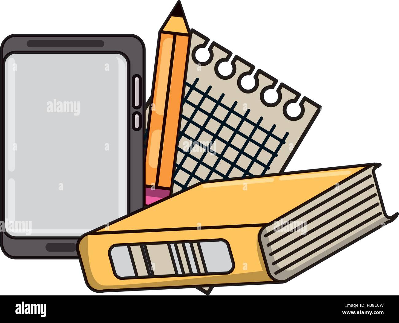 book with cellphone and pencil icon over white background, vector ...