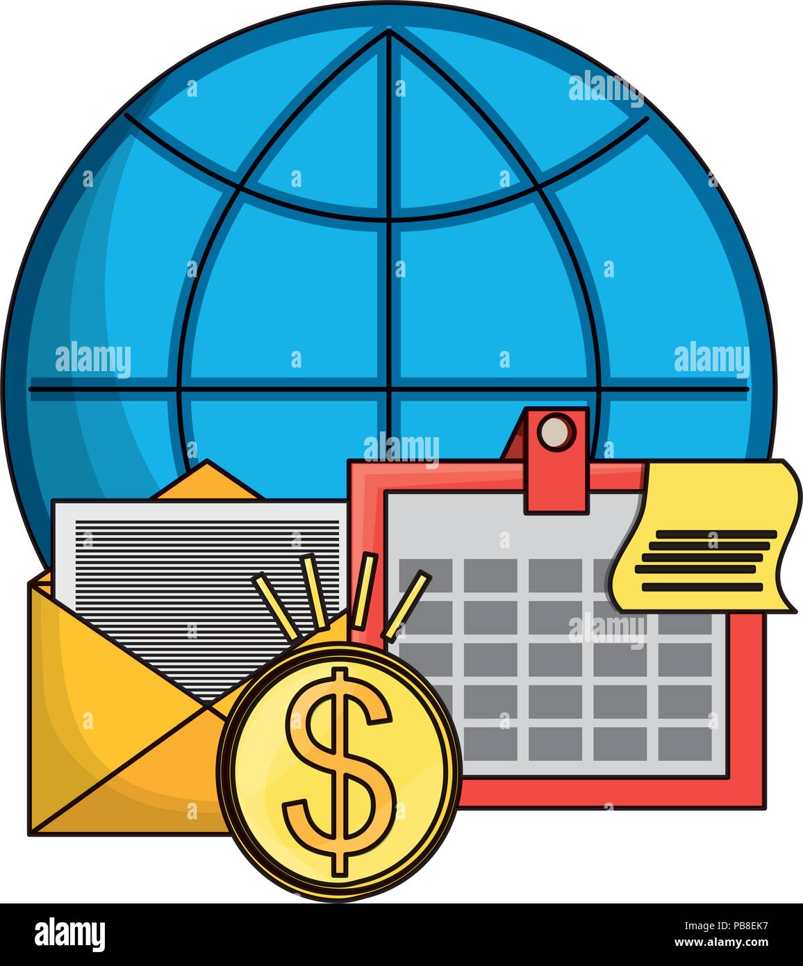 global sphere with envelope and money coin over white background ...