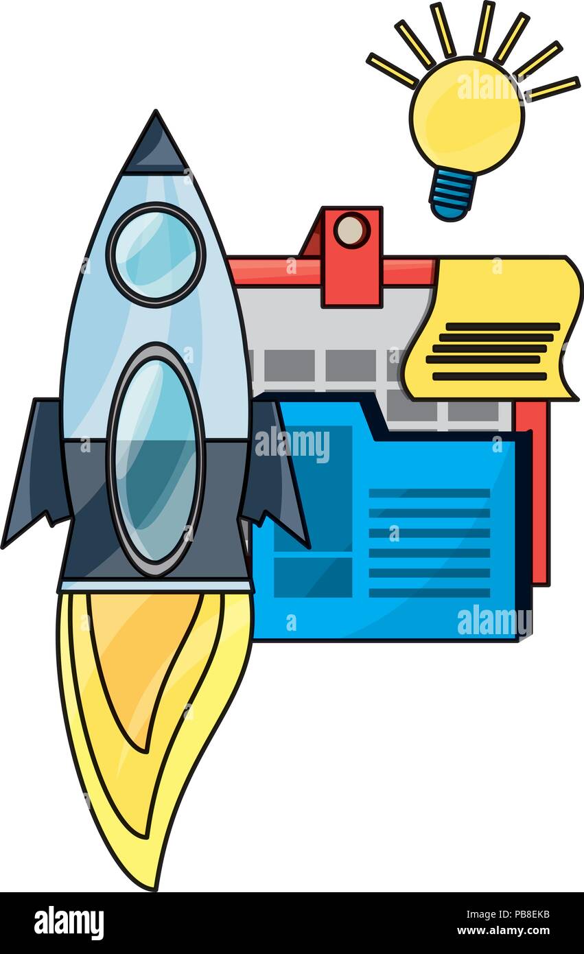 rocket with folder and bulb over white background, vector illustration ...