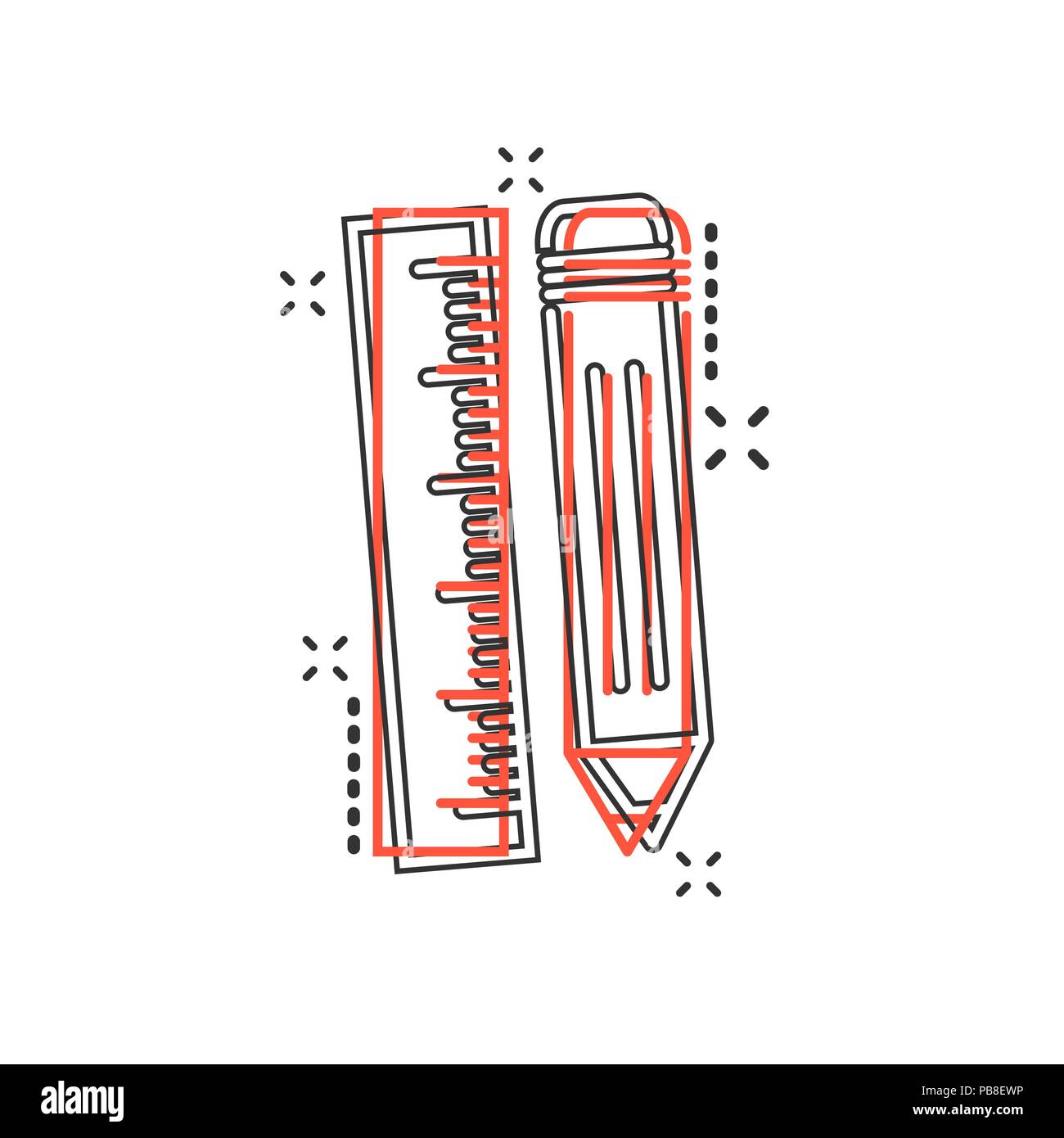 Vector cartoon pencil with ruler icon in comic style. Ruler meter sign ...