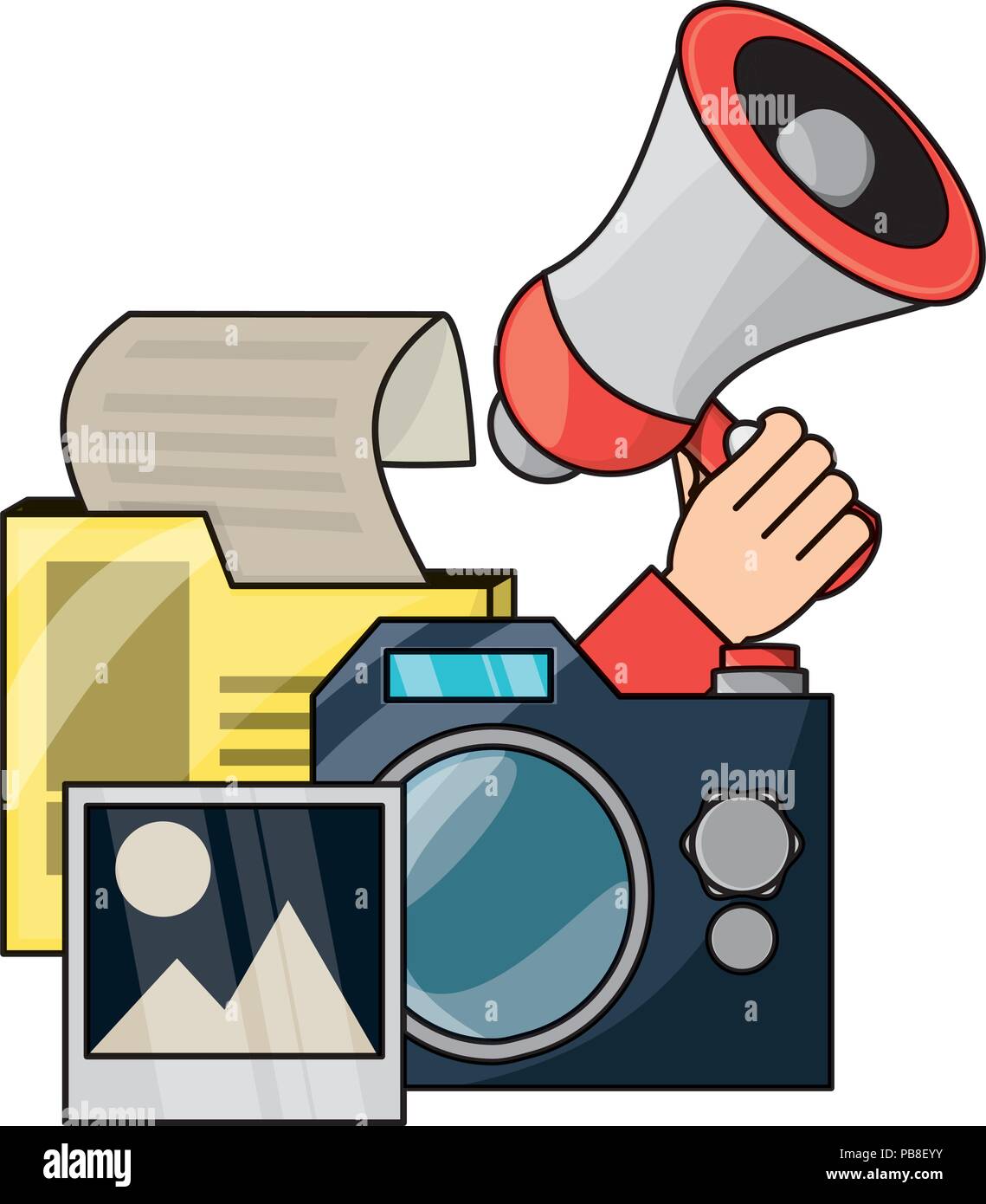 photographic camera with megaphone and folder over white background ...