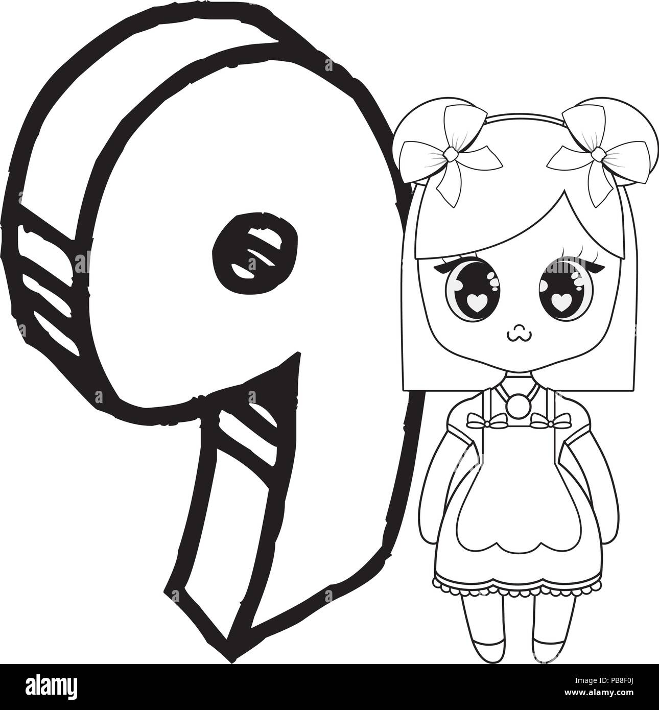 Kawaii girl with cute number nine over white background, vector ...