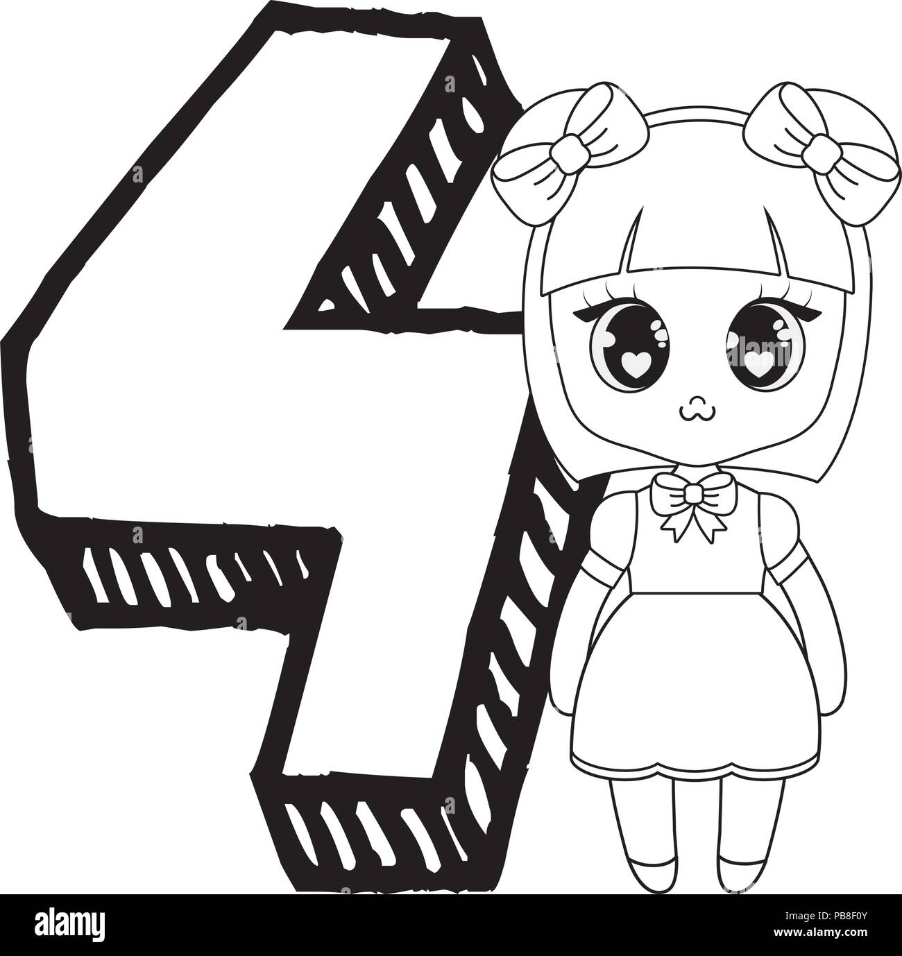 Kawaii girl with cute number four over white background, vector ...