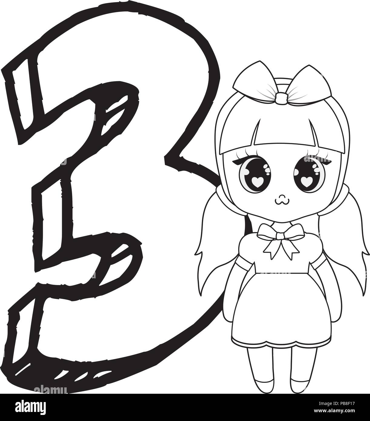 cute number three and anime girl icon over white background, vector ...
