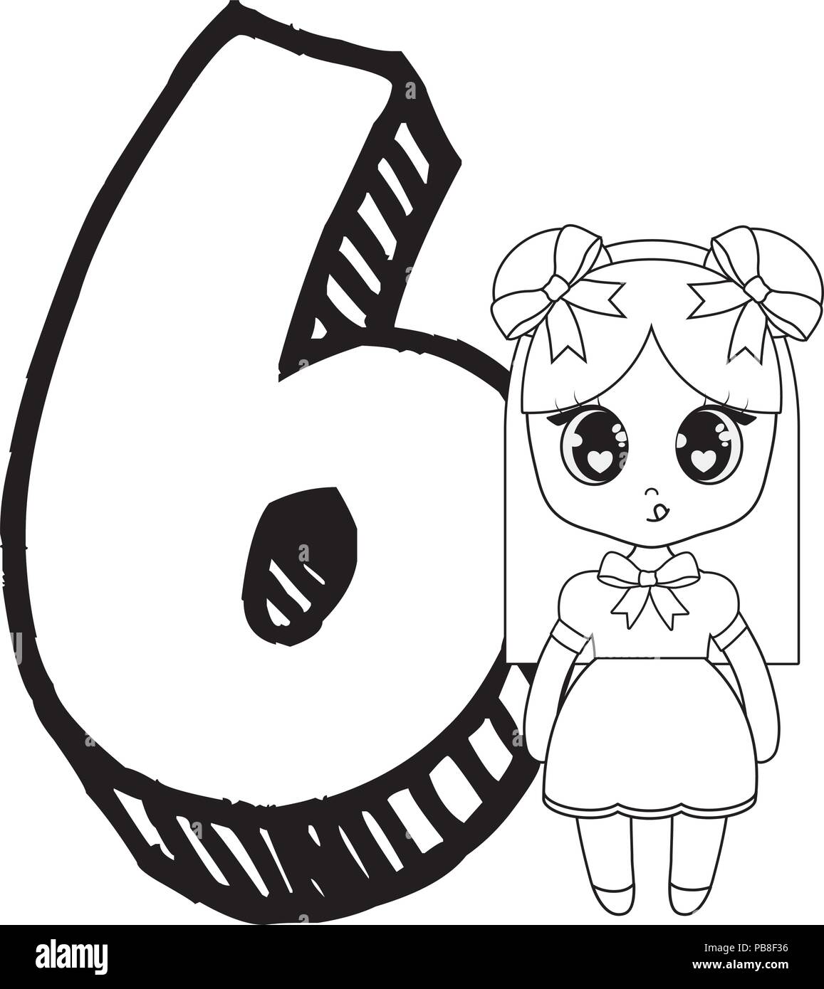 Kawaii girl with cute number six over white background, vector ...