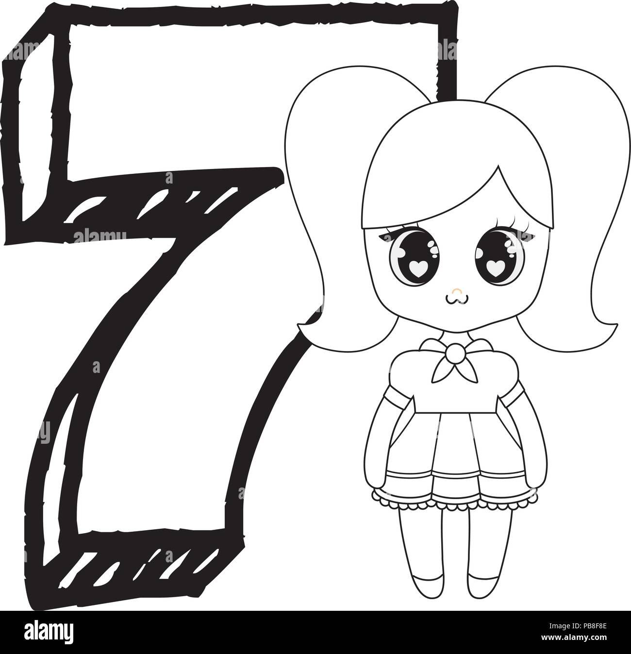 cute number seven and anime girl icon over white background, vector ...