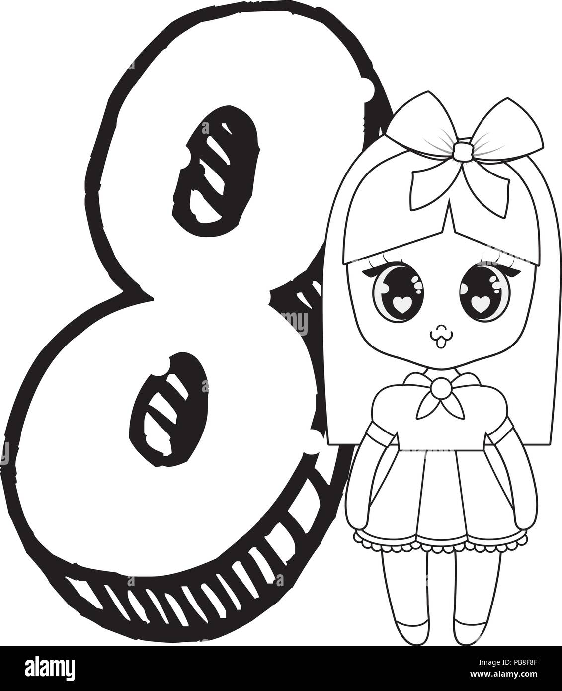Kawaii girl with cute number eight over white background, vector ...