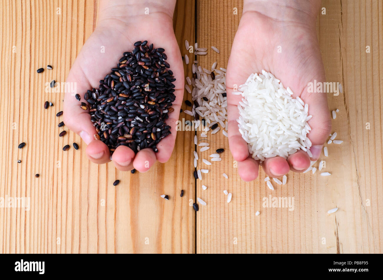 Black and white rice in hands. Studio Photo Stock Photo - Alamy