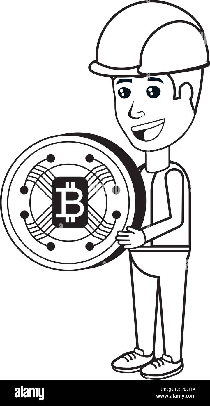 cartoon man holding a bitcoin coin over white background, vector ...