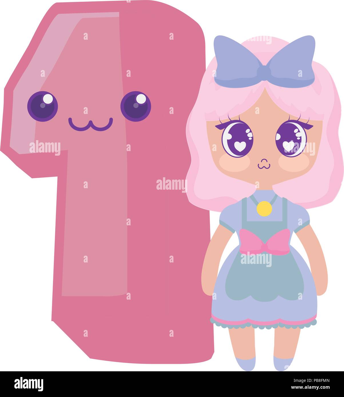 Kawaii girl with cute number one over white background, vector ...