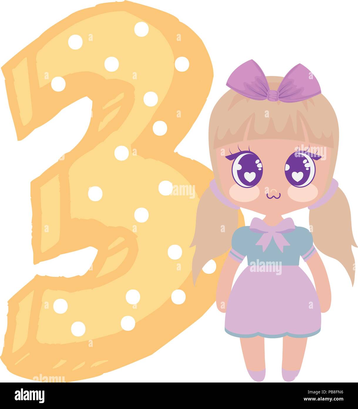 Kawaii girl with cute number three over white background, vector ...