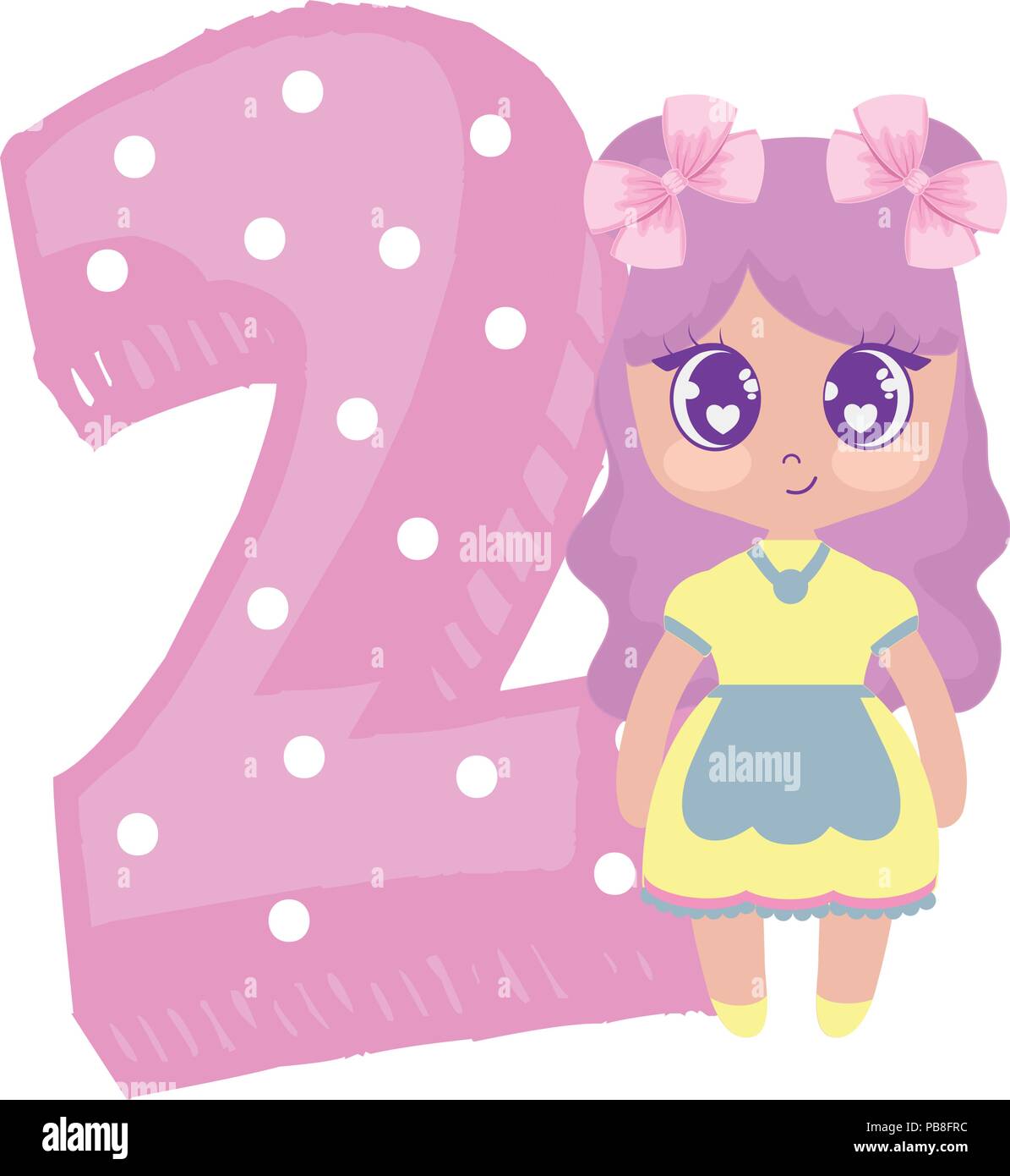 cute number two and anime girl icon over white background, vector ...