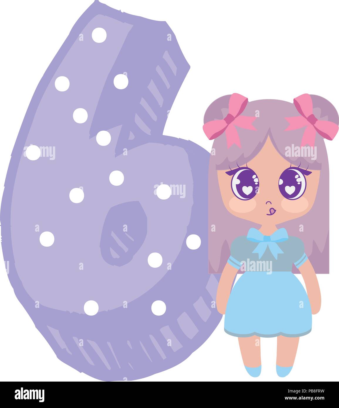 cute number six and anime girl icon over white background, vector ...