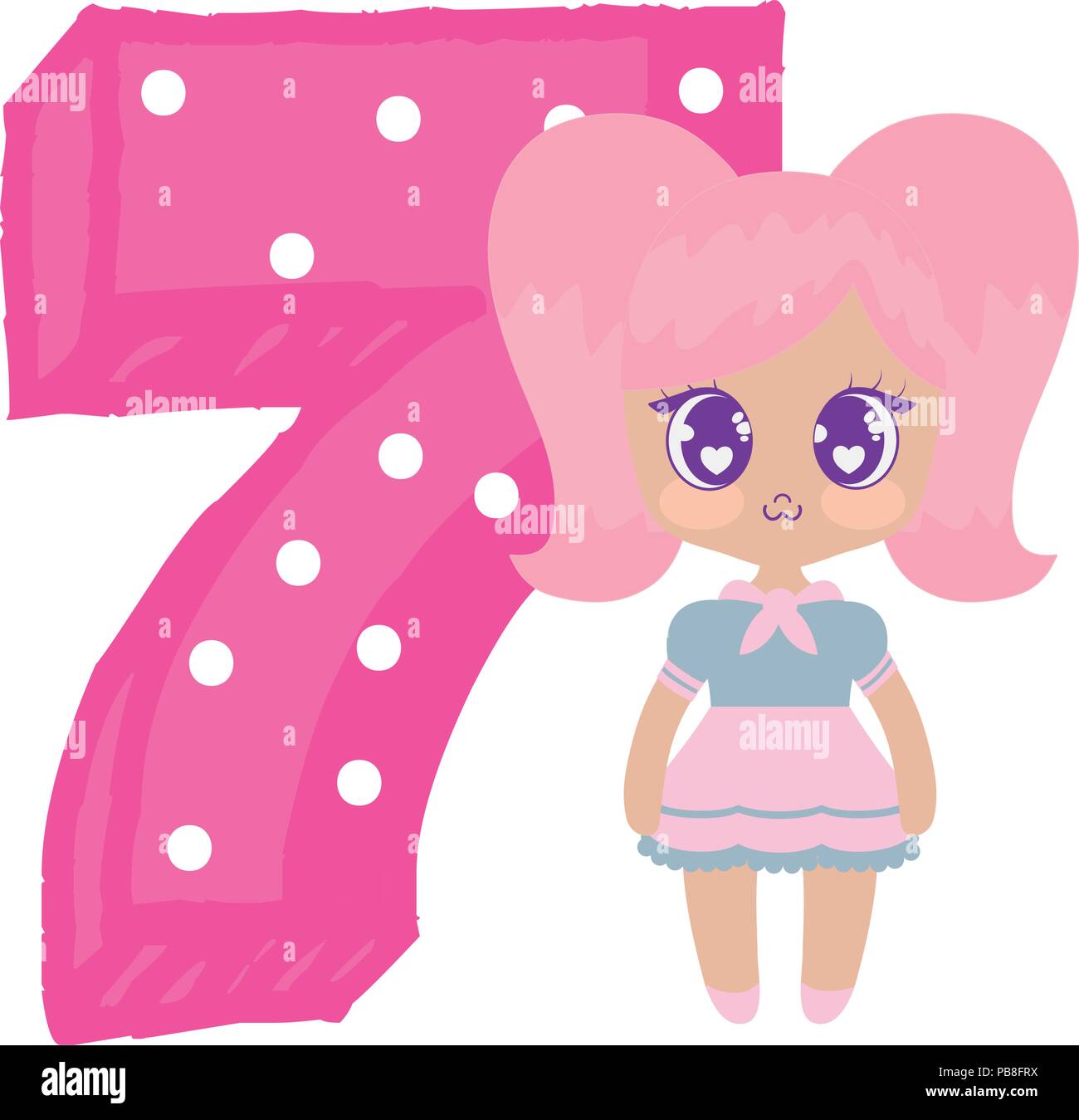 Kawaii girl with cute number seven over white background, vector ...