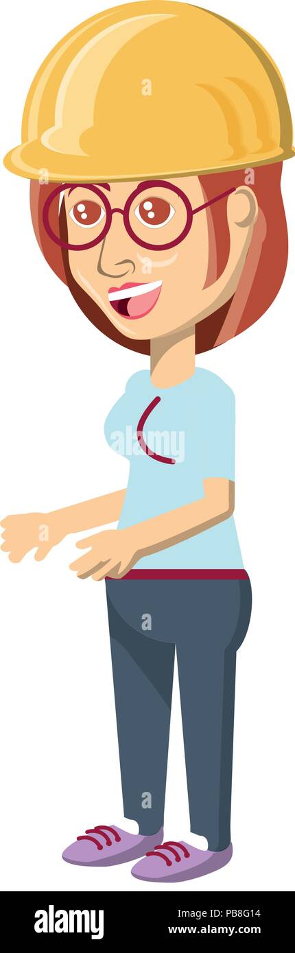 cartoon woman with glasses and safety helmet over white background ...