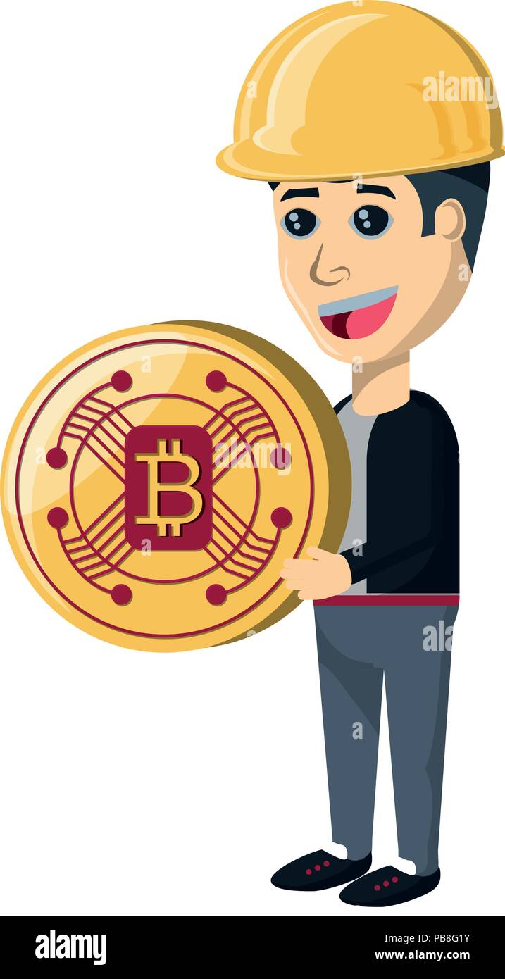 cartoon man holding a bitcoin coin over white background, vector ...