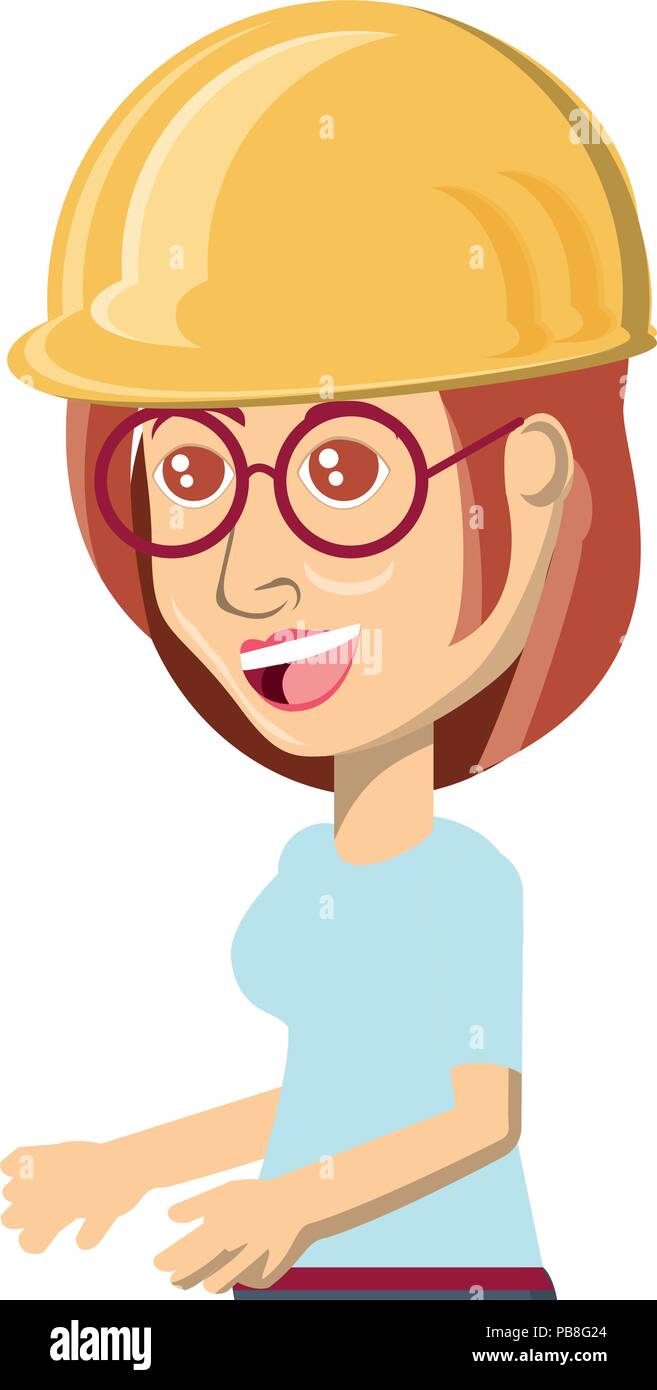 cartoon woman with glasses and safety helmet over white background ...