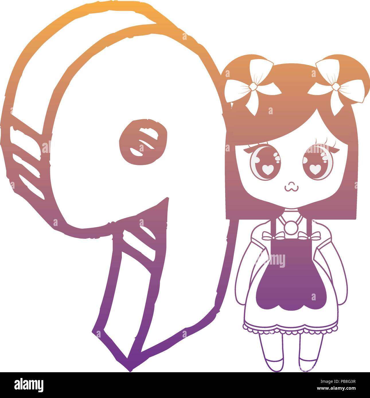 cute number nine and anime girl icon over white background, vector ...