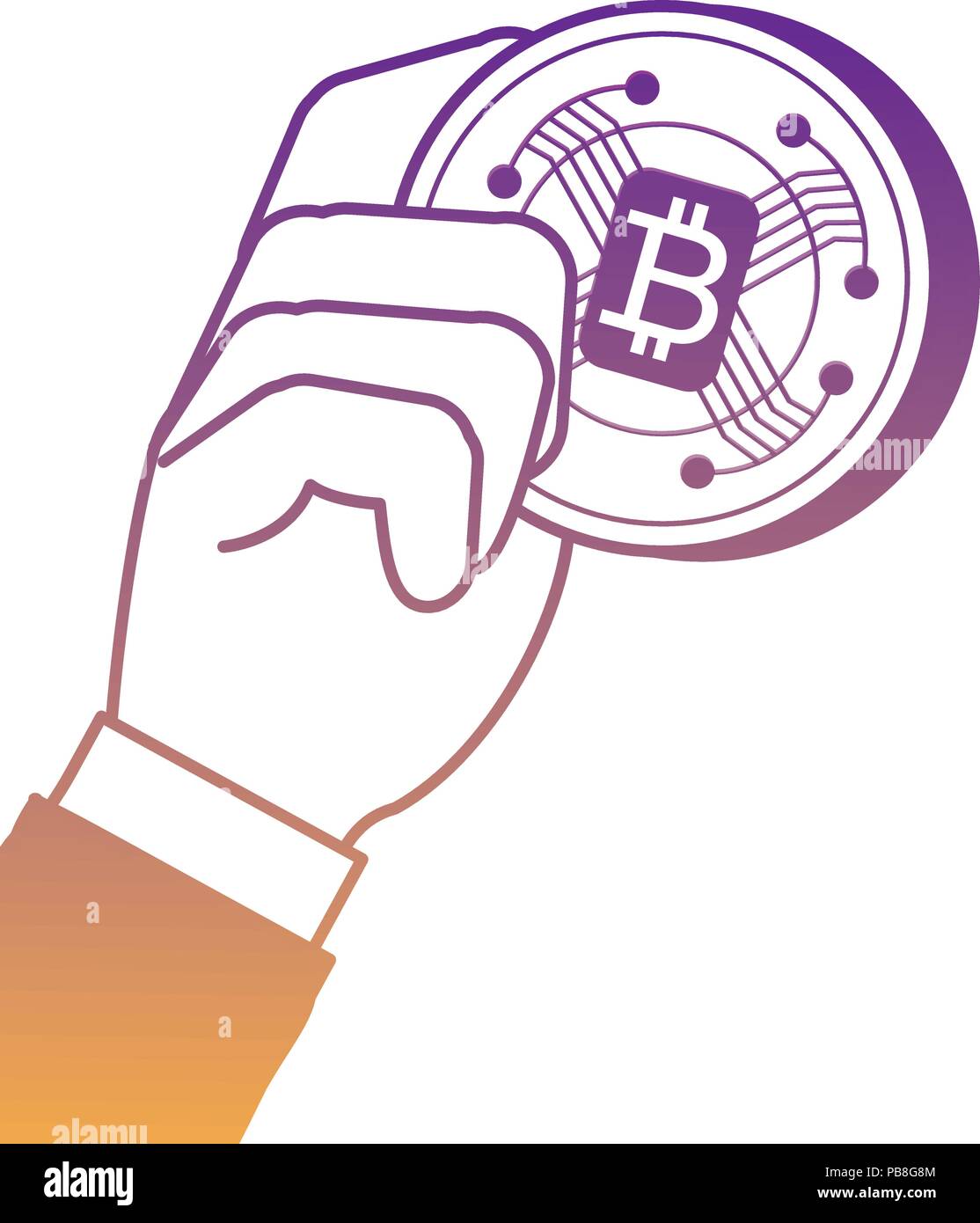 hand holding a bitcoin coin over white background, vector illustration ...