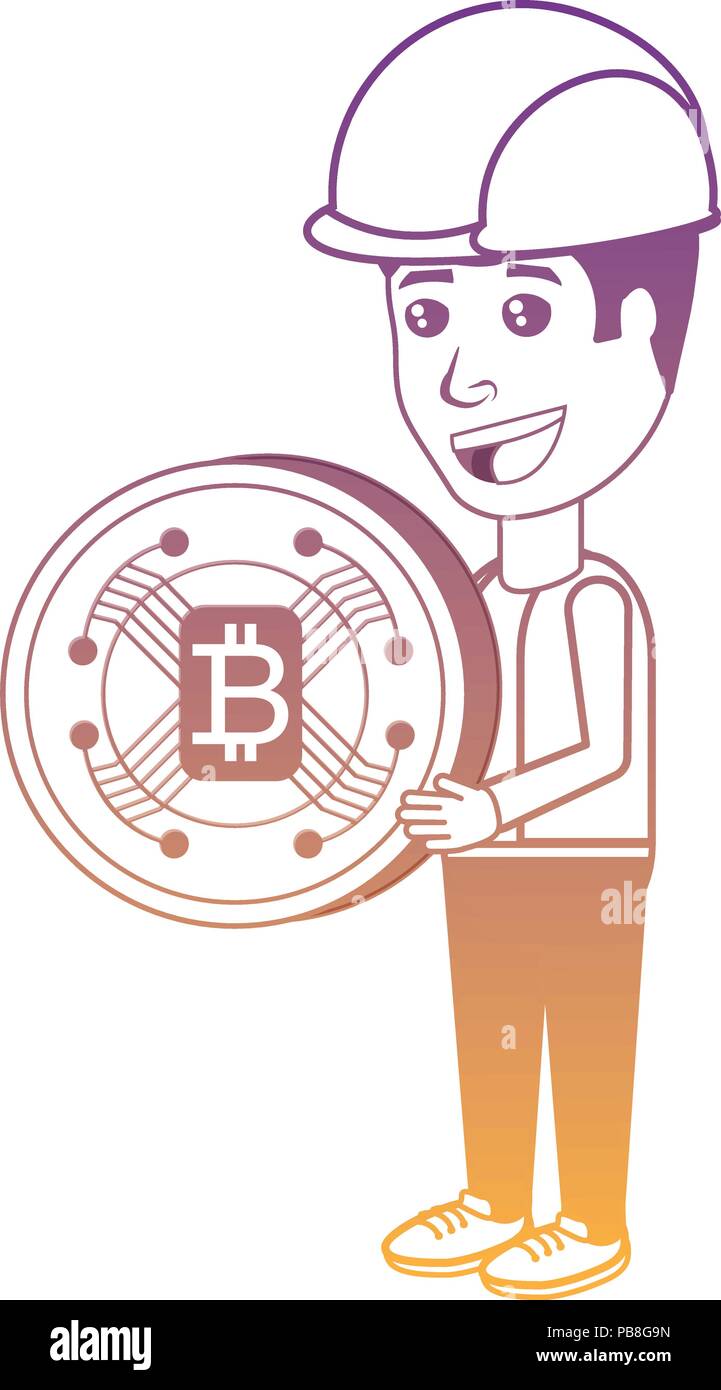 cartoon man holding a bitcoin coin over white background, vector ...