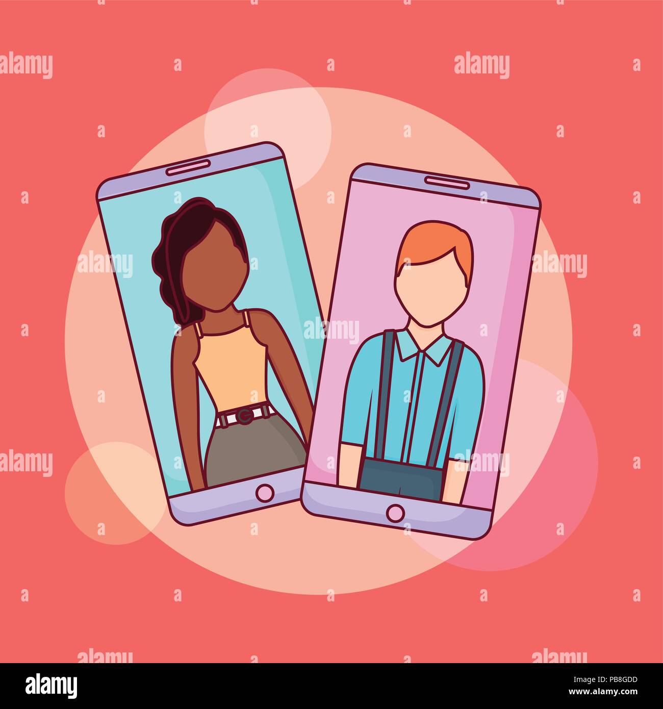 online dating design with cellphones and avatar couple over red ...