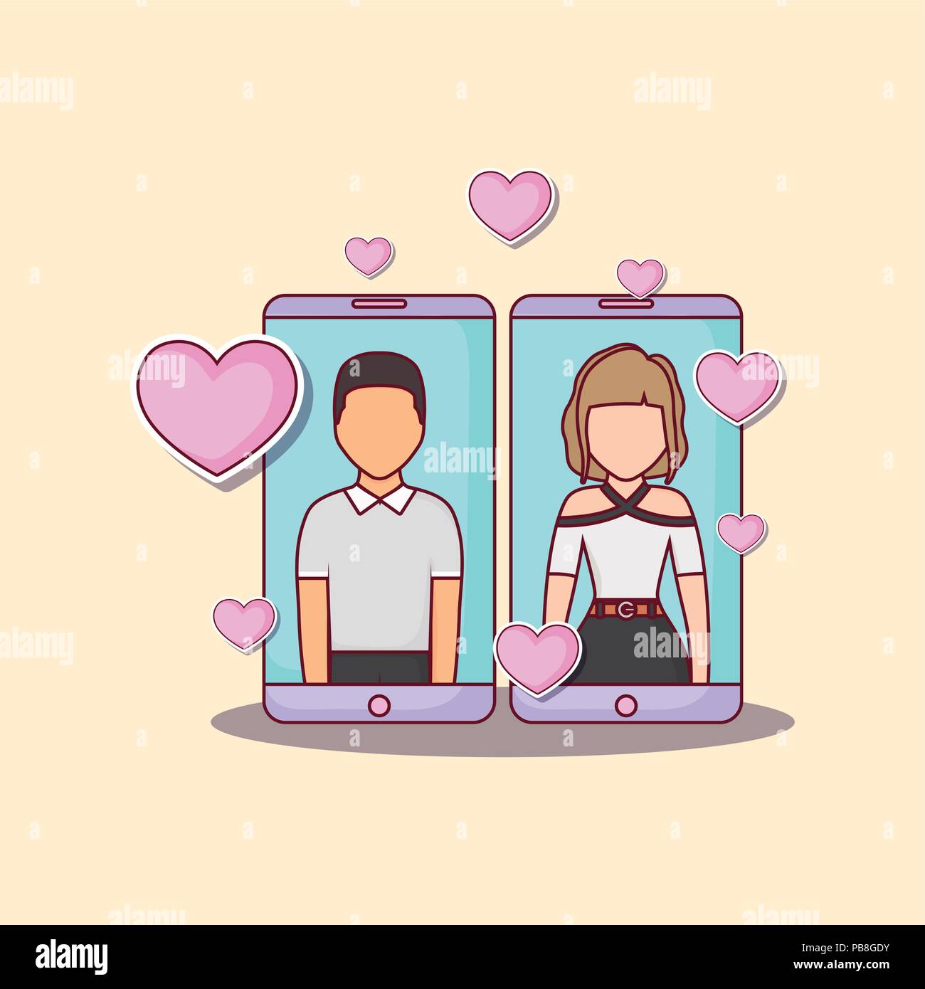 online dating design with cellphones and avatar couple over yellow ...