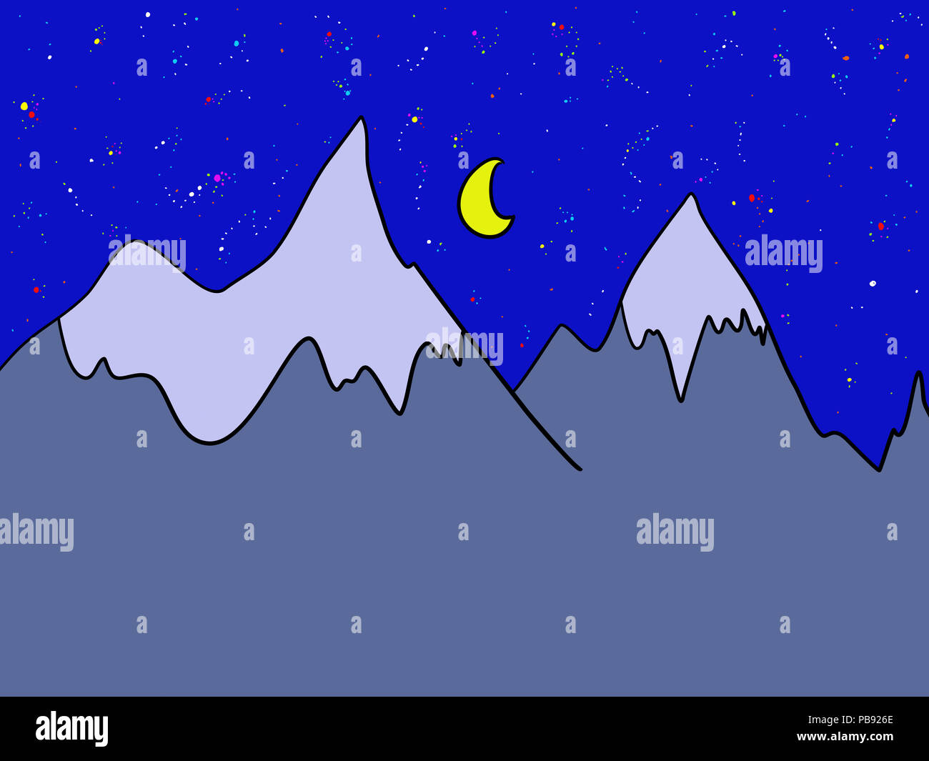 Stars and moon and mountains in the night sky, cartoon images Stock ...