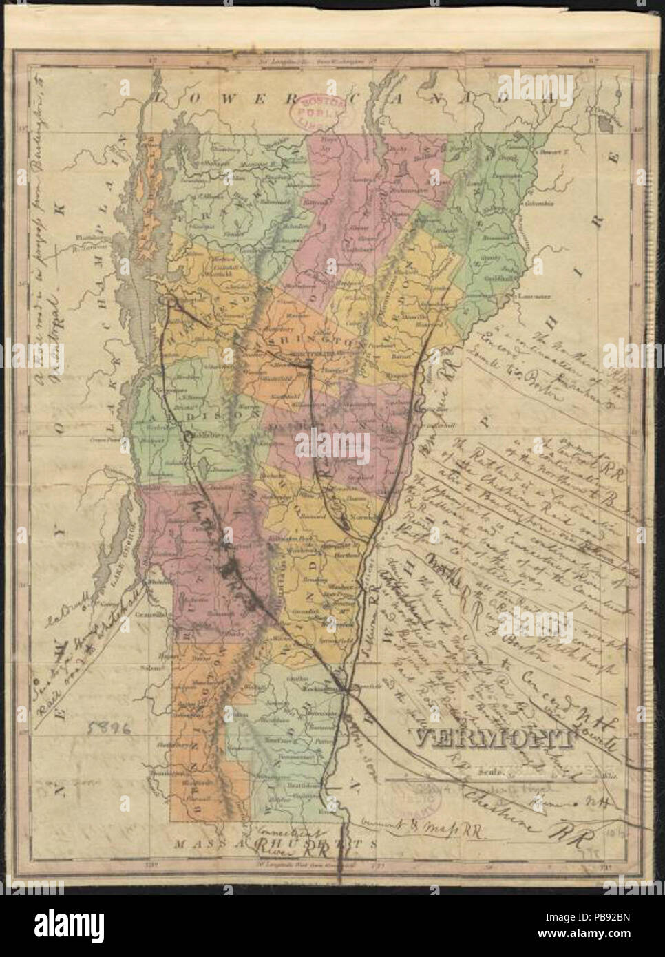 994 Map of Vermont with railroad annotations in 1834 Stock Photo - Alamy